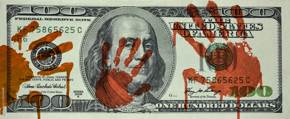 100 dollar bill is stained with bloody hands Stock Photo | Adobe Stock