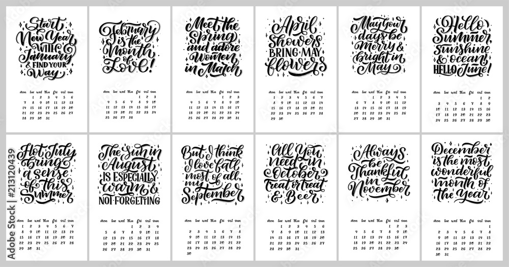 Vector calendar for months 2 0 1 9. Hand drawn lettering quotes for ...