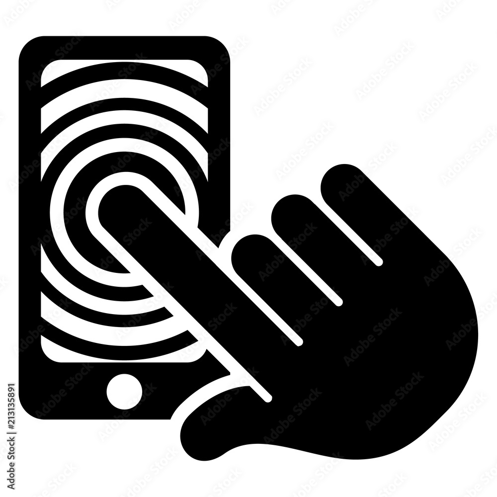 Icon pictogram, hand touching mobile phone handset. Ideal for catalogs ...
