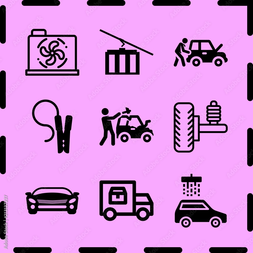 Simple 9 icon set of car related car breakdown, car engine, camaro car ...