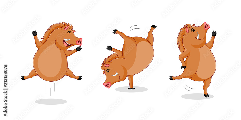 Set of happy boar dancing. Cartoon character design, vector ...