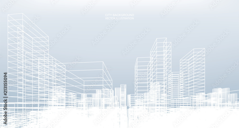 Abstract wireframe city background. Perspective 3D render of building ...