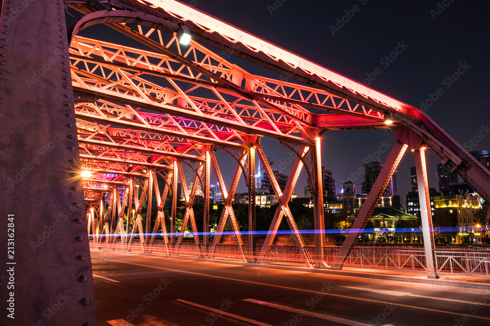 Shanghai Skyline - from Waibaidu bridge - light trails - red iron ...