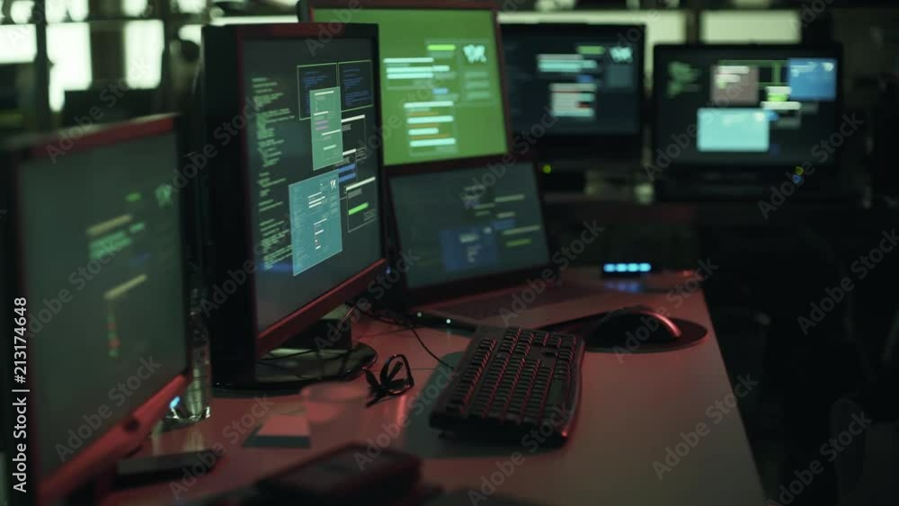 Developer and hacker workstation with multiple screens Stock Video ...