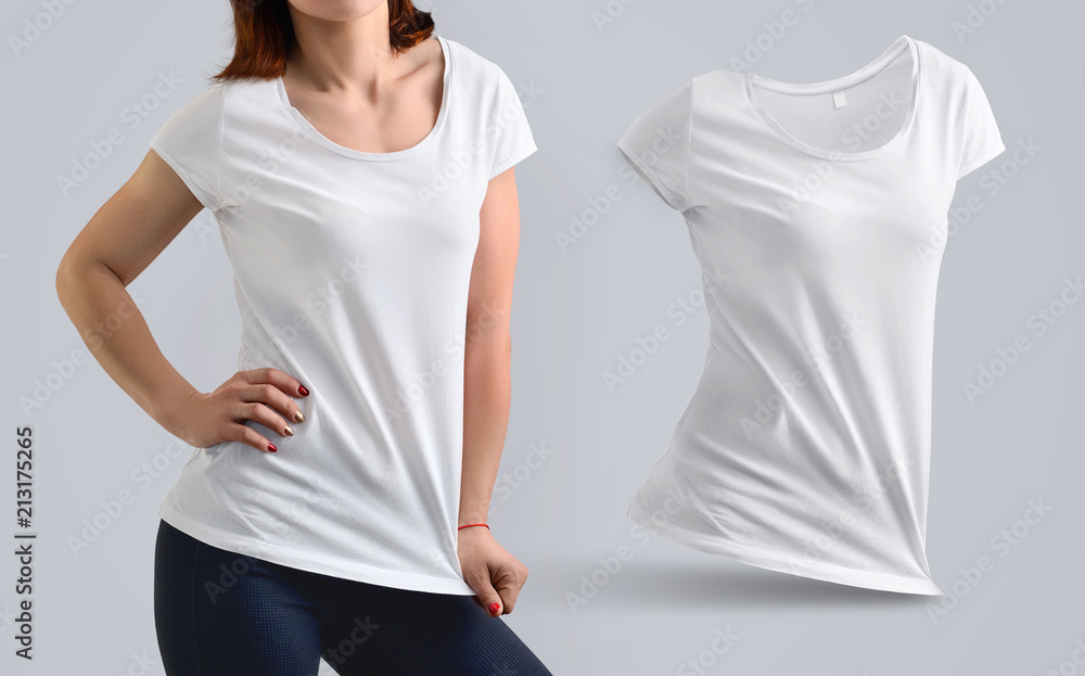 Mockup Set with fit young woman in the blank t-shirt and shape of t ...