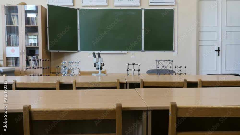 The physical classroom, laboratory with microscope and models of ...