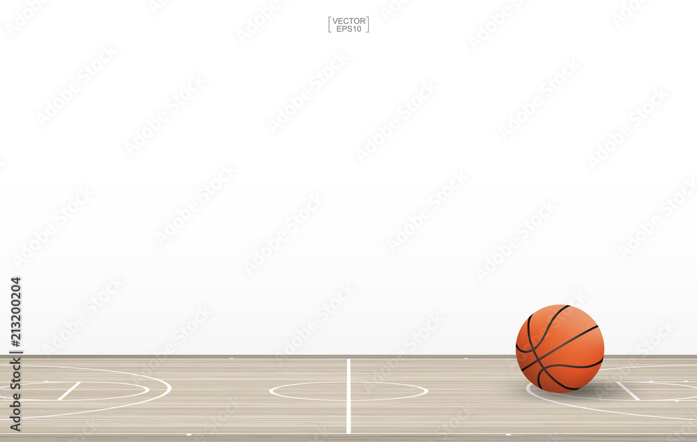 Basketball ball on basketball court with wooden floor pattern and ...
