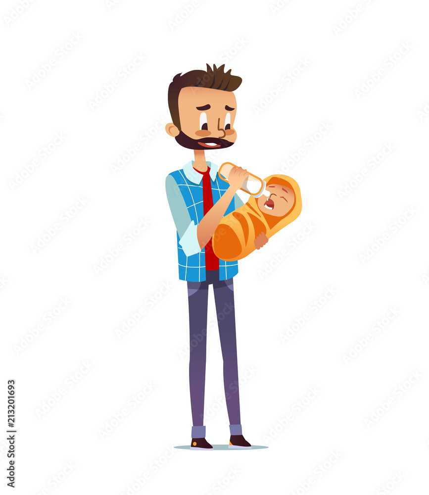 Man holding and feeding newborn child with nursing bottle. Dad giving ...