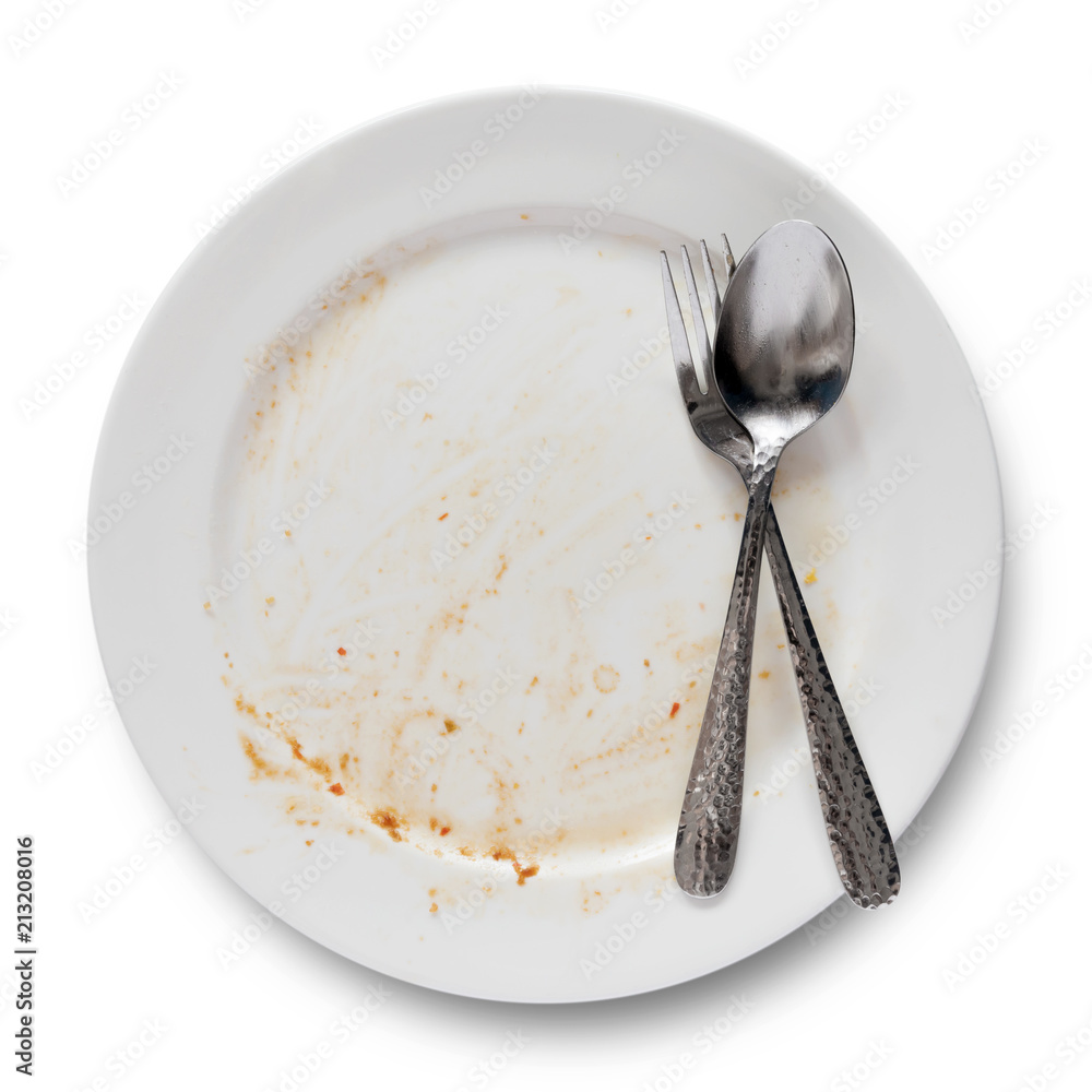 Top view of empty plate, dirty after the meal is finished isolate with ...
