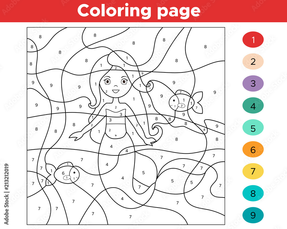 Educational game for kids. Color by numbers. Cartoon mermaid with ...