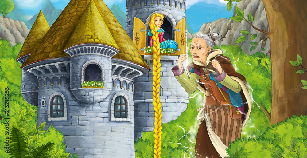 cartoon scene with angry witch and beautiful young girl in the castle ...