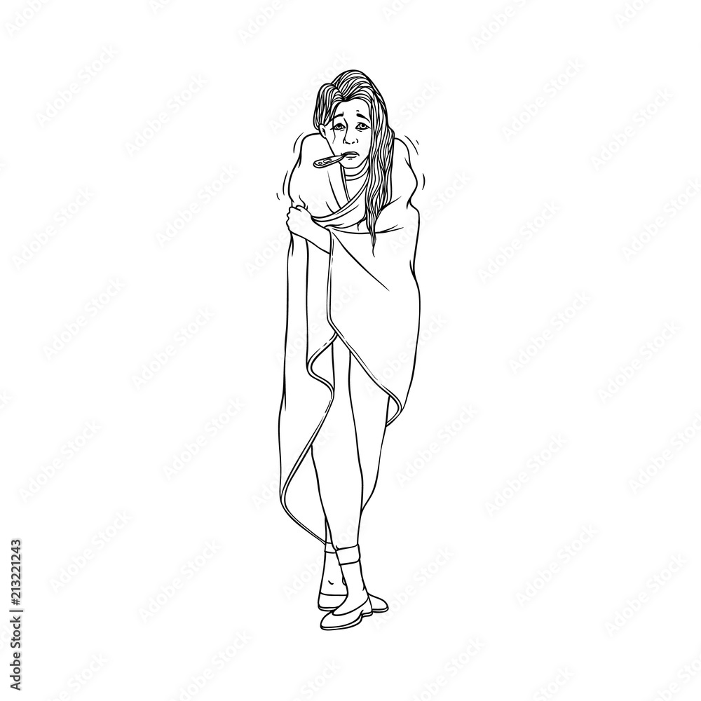 Young woman with cold and flu symptoms stands covered with blanket and ...