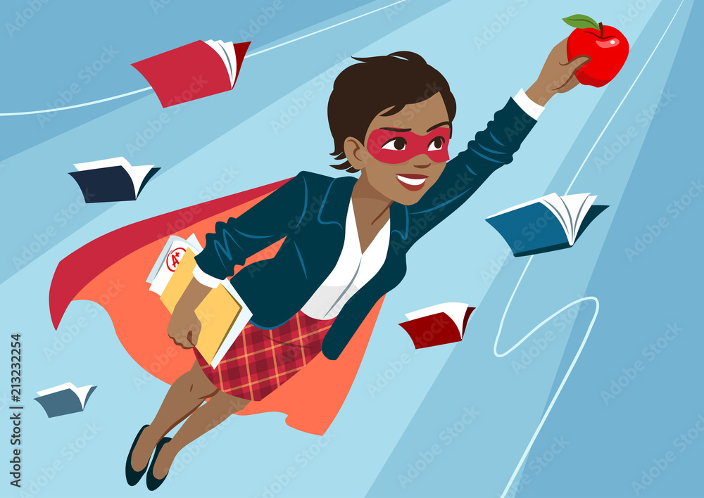 Young woman in cape and mask flying through air in superhero pose ...