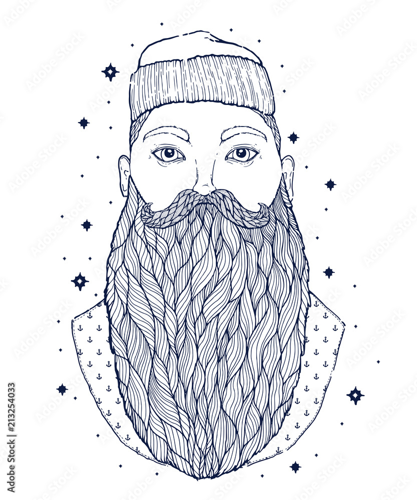 Hand Drawn vintage hipster sailor beard portrait. Old tatoo seaman. Man ...
