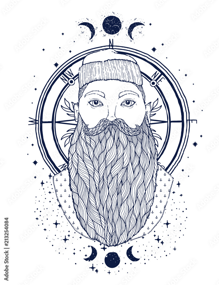 Hand Drawn vintage hipster sailor beard portrait. Old tatoo seaman. Man ...