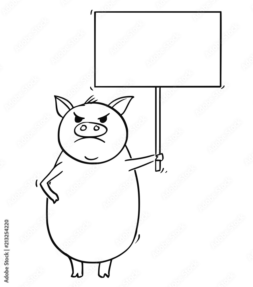 Cartoon stick drawing conceptual illustration of angry pig holding ...