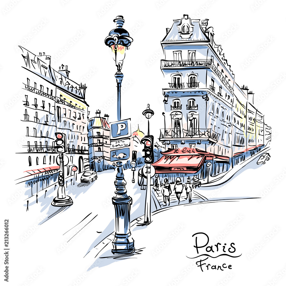 Vector hand drawing. Paris street with traditional houses and lanterns ...