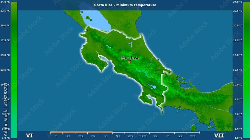Minimum temperature by month in the Costa Rica area with animated ...