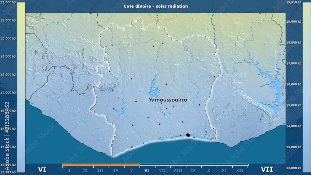 Solar radiation by month in the Cote Divoire area with animated legend ...