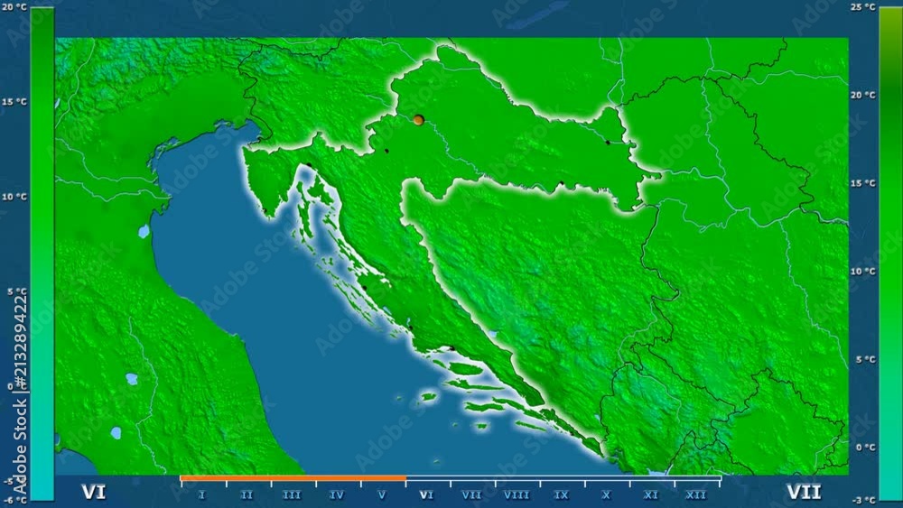 Minimum temperature by month in the Croatia area with animated legend ...