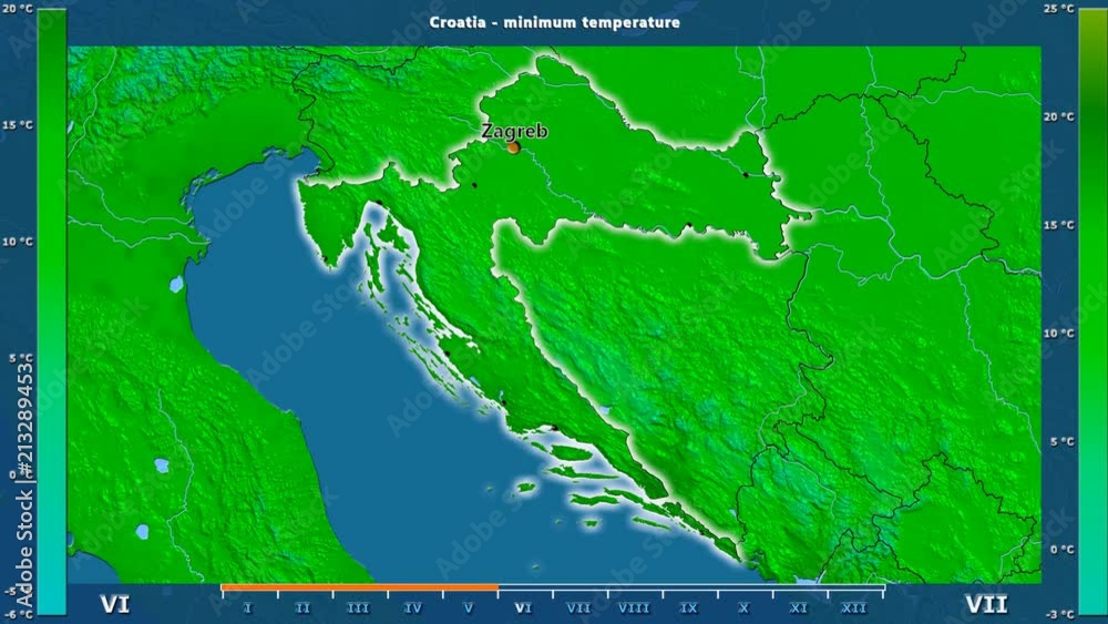 Minimum temperature by month in the Croatia area with animated legend ...