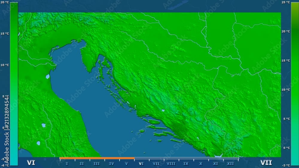 Minimum temperature by month in the Croatia area with animated legend ...
