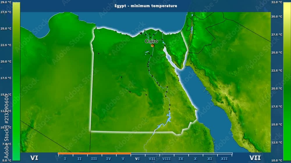 Minimum temperature by month in the Egypt area with animated legend ...