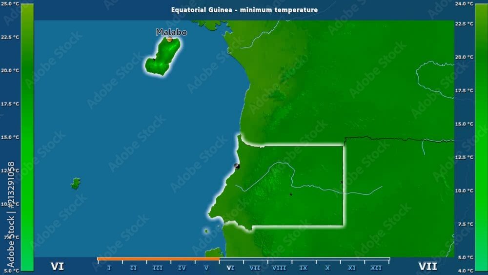 Minimum temperature by month in the Equatorial Guinea area with animated legend - English labels ...