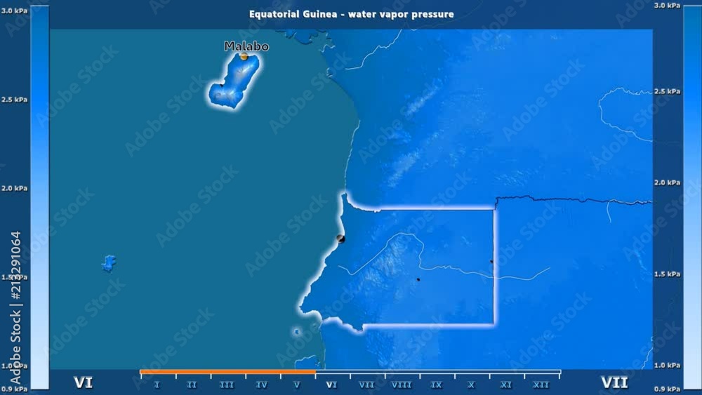 Water vapor pressure by month in the Equatorial Guinea area with animated legend - English ...