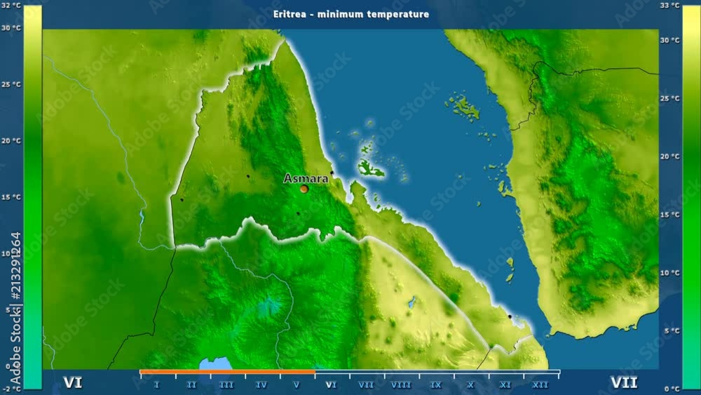 Minimum temperature by month in the Eritrea area with animated legend - English labels: country ...