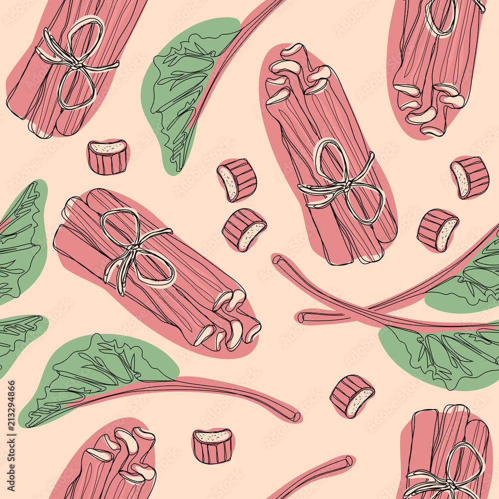 Hand drawn rhubarb pattern. leaves, bunches cut and whole with ...
