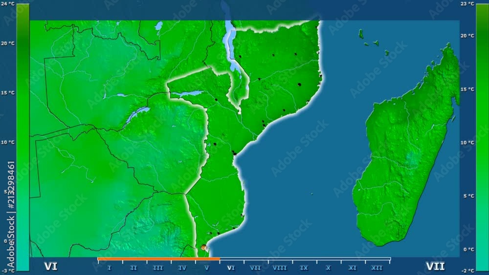 Minimum temperature by month in the Mozambique area with animated ...