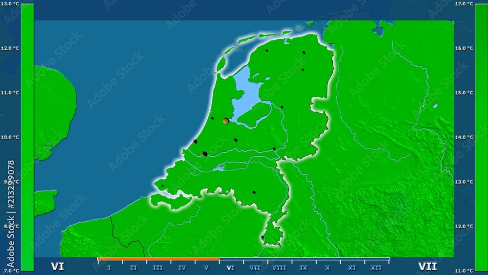 Minimum temperature by month in the Netherlands area with animated ...