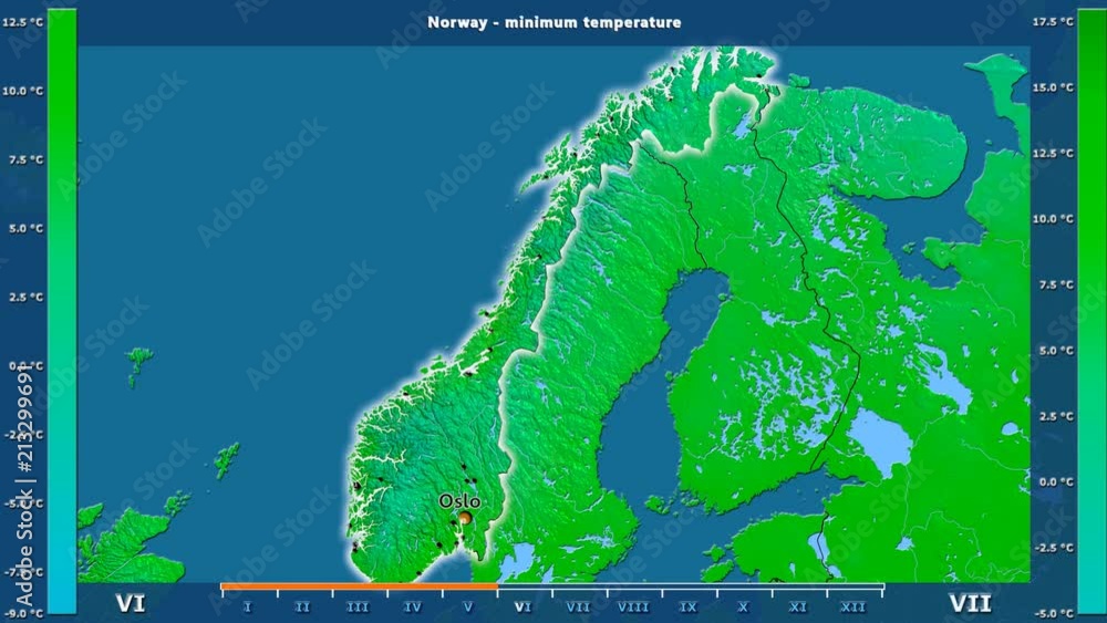 Minimum temperature by month in the Norway area with animated legend ...