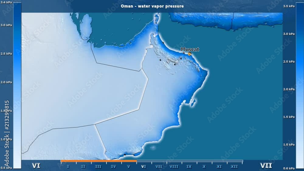 Water vapor pressure by month in the Oman area with animated legend ...