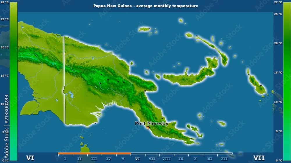 Average temperature by month in the Papua New Guinea area with animated legend - English labels ...