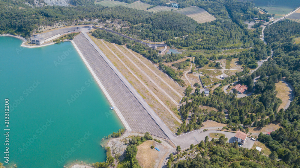Drone aerial view of the dam of the lake Montedoglio an artificial lake ...