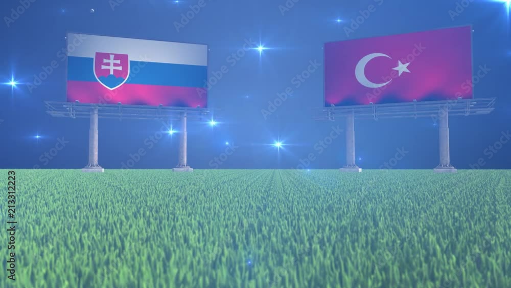 3d animated soccer ball bouncing in front of billboards with the flags ...