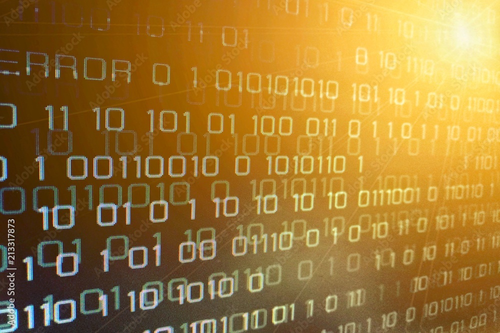 binary code one and zero text background with solar flare lighting ...