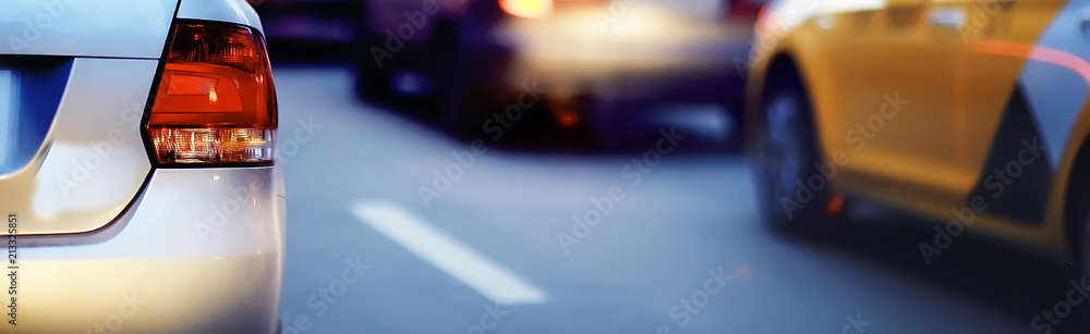 view of car in traffic jam / rear view of the landscape from window in ...