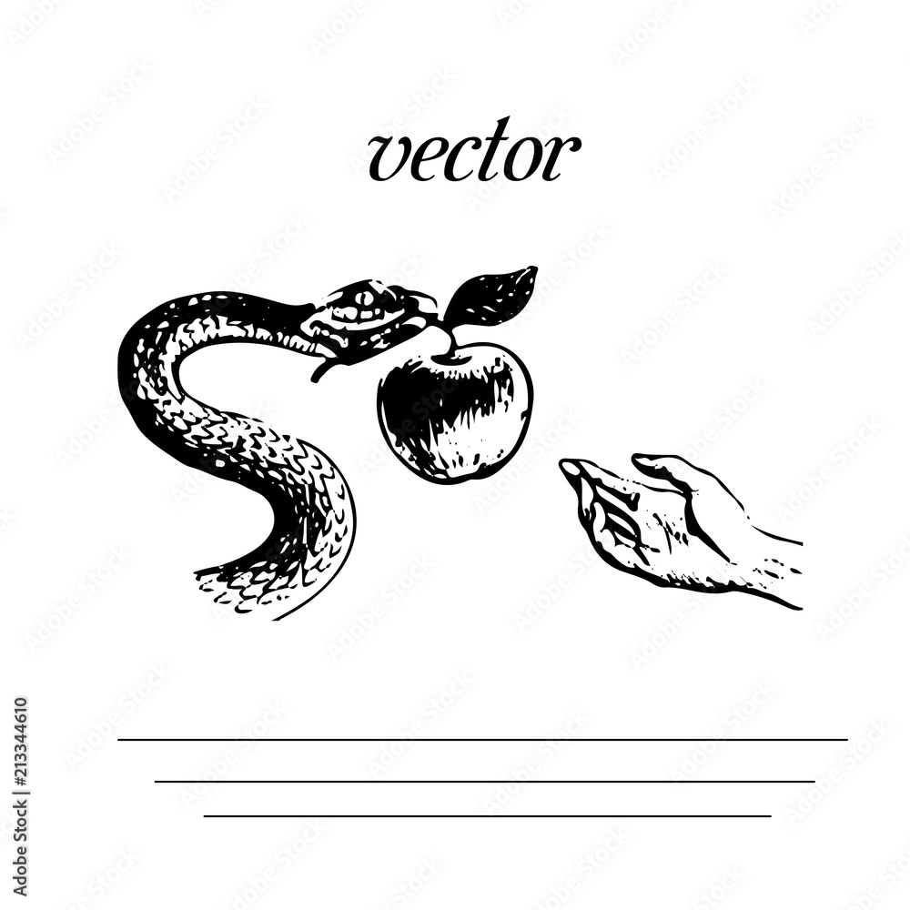 Metaphor from the book The Bible, Snake is holding an apple, silhouette ...