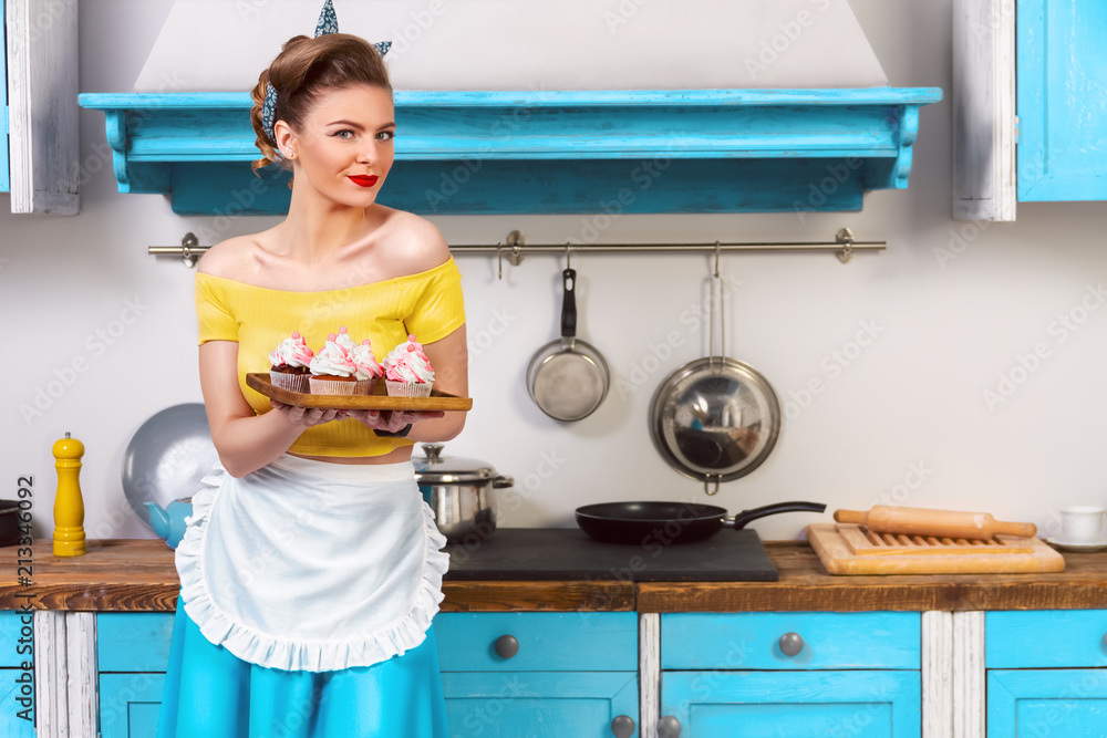 Retro pin up girl woman female housewife wearing colorful top, skirt ...