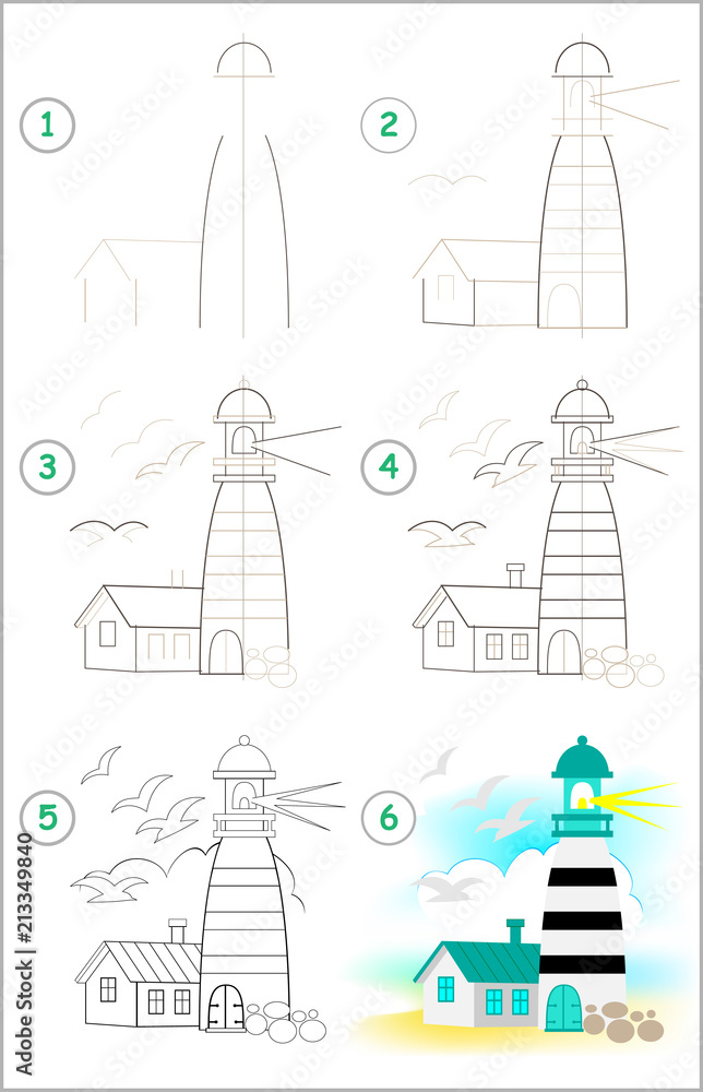 Page shows how to learn step by step to draw a lighthouse. Developing ...