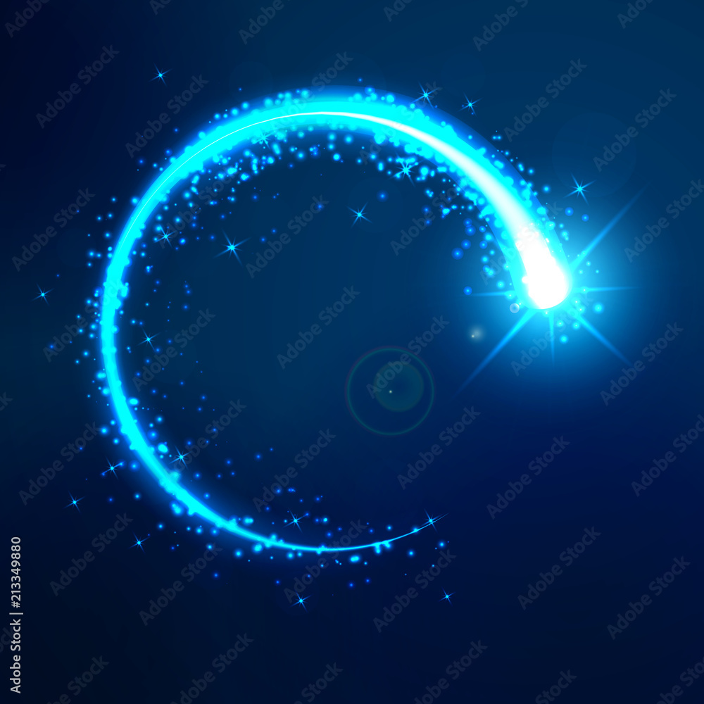 A bright flash in a circle on a dark blue background. Round bright blue ...