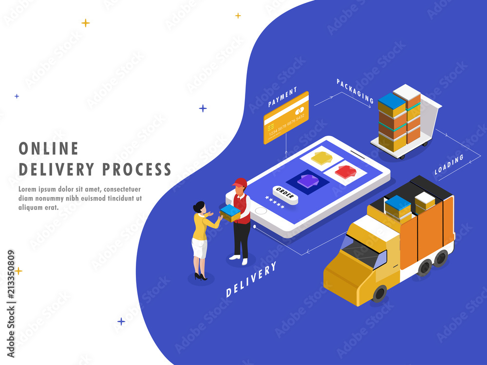 Online delivery process, isometric design with product order, packaging ...