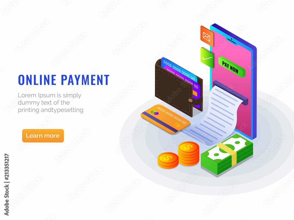 Isometric, online payment from app concept. Internet payments by card ...