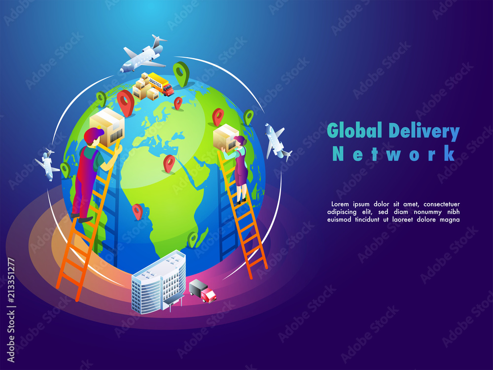 Global online delivery process, isometric design with product order ...