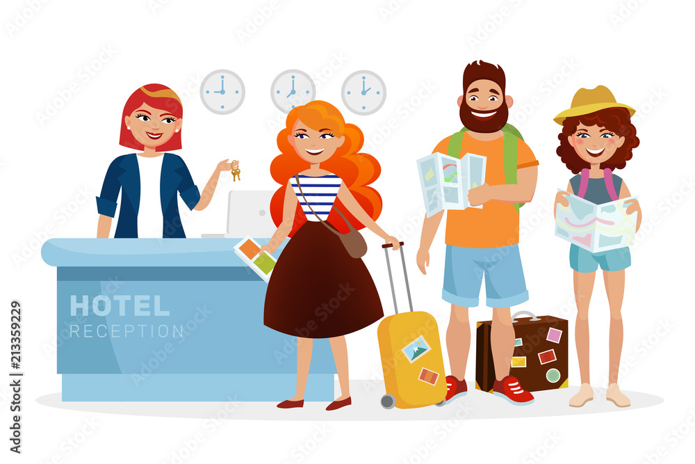Check in Hotel Reception Desk Modern Illustration With Cartoon People check-in-hotel-reception-desk-modern-illustration-with-cartoon-people