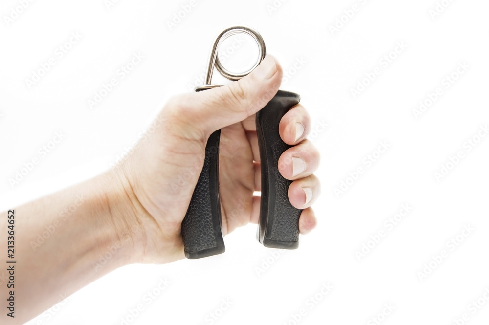 Man's hand with hand expander, hand gripper on white background. Hand ...