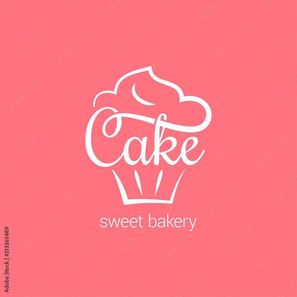 Cake logo of bakery. Cupcake dessert on pink background Stock Vector ...